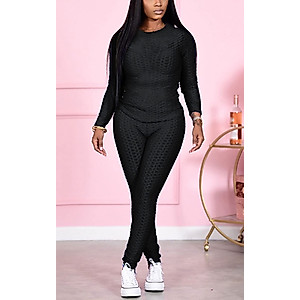 Jogging Suits for Women, Textured Tracksuit Long Sleeve Pullover Shirt and Pants 2 Piece Outfits Set Black L