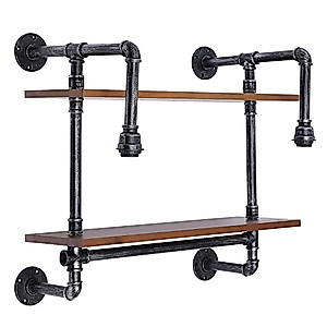 TFCFL Industrial Pipe Shelving with Light, 2 Tier Wall Mounted Steampunk Metal Pipe Floating Shelves Unit Rustic Hanging Book Organizer Storage Bookshelf with Wood Board for Home Office