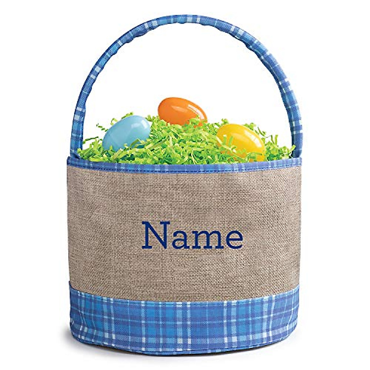 Personalized Easter Bucket Bag with Custom Name | Blue Plaid Burlap Easter Bag with Handle | Egg Basket for Kids | Customized Easter Basket | Great for Book and Toy Storage