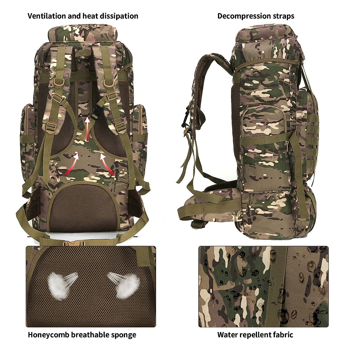 W WINTMING Hiking Backpack for Men 70L/100L Camping Backpack Military Rucksack Molle 3 Days Assault Pack for Climbing