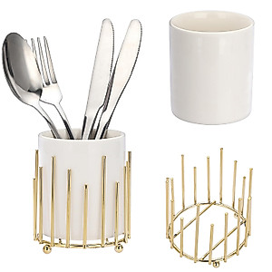 JUXYES Pack of 3 Ceramic Silverware Holder for Party, White Cutlery Holder Holder With Golden Metal Bracket, Small Flatware Caddy Organizer Utensil Holder for Kitchen Countertops Dining Tables