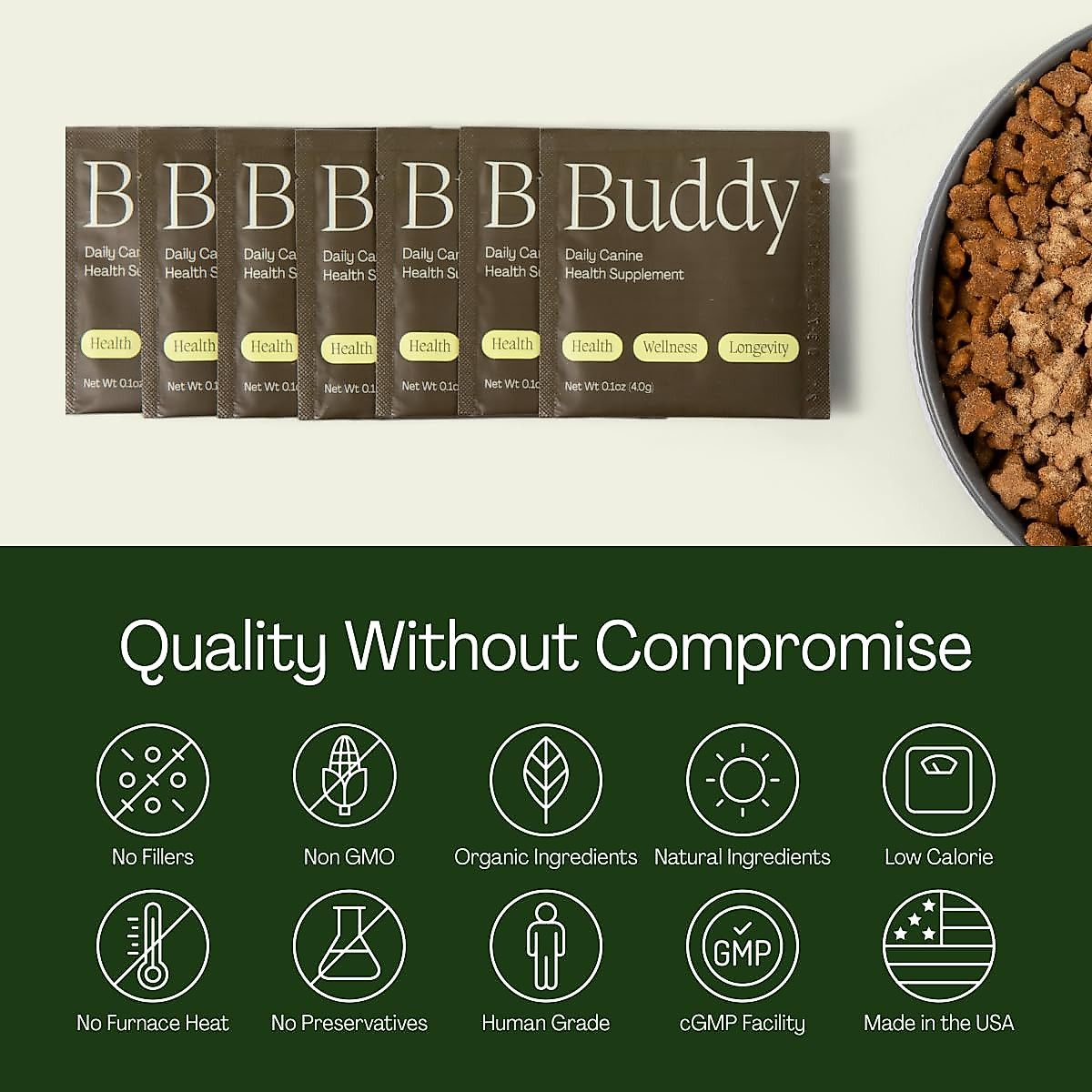 Buddy 10-in-1 Daily Dog Multivitamin Supplement (Meal Topper) - 23 Active Ingredients w/No Filler - 10 Essential Benefits - Hip & Joint, Skin & Coat, Digestion