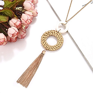 UYT Tassel Pendant Necklace Handmade Straw Wicker Braid Statement Pendant Y-Shaped Long Chain Necklace for Women