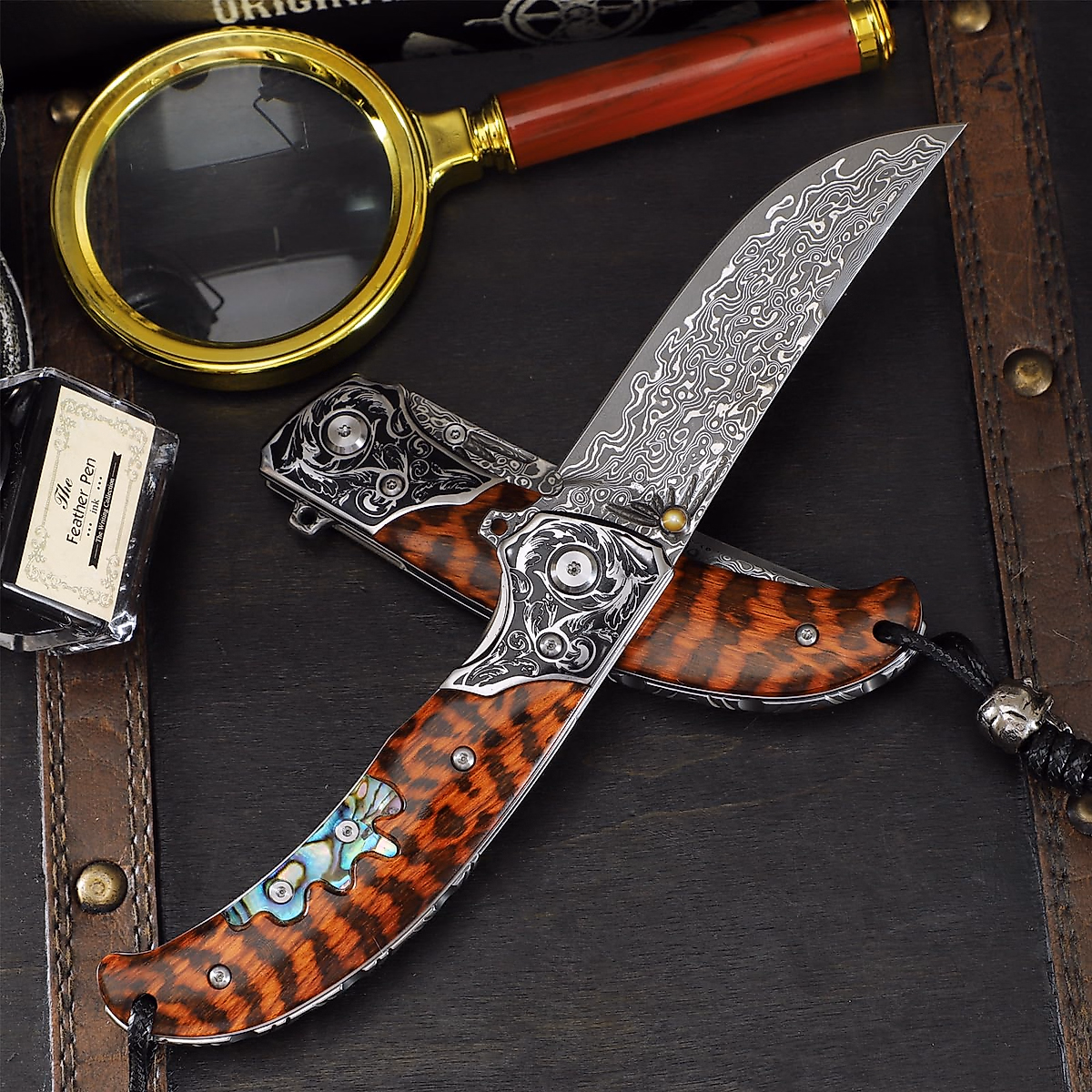 ALVELY Handmade Folding Pocket Knife, 3.6in Straight Alloy Steel Blade, Snake Lines Wood Handle, Liner Lock, with Leather Sheath, EDC Unisex Adult Knife