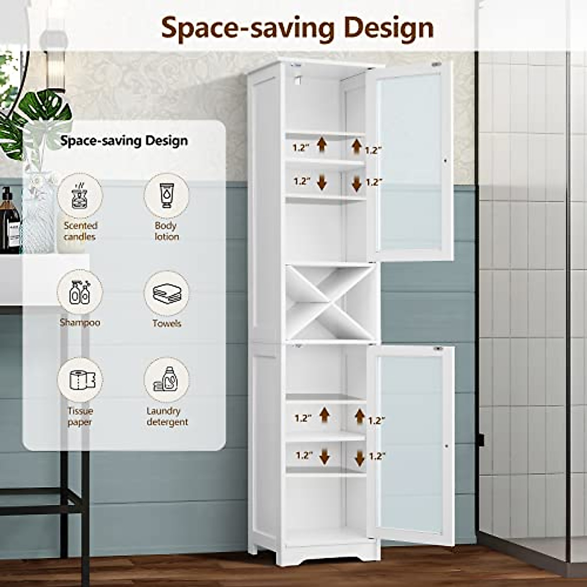 Iwell Tall Bathroom Storage Cabinet with 2 Doors & Adjustable Shelves, Bathroom Floor Cabinet with Removable X-Shaped Stand, Linen Cabinet, Narrow Cabinet for Bathroom, Living Room, White