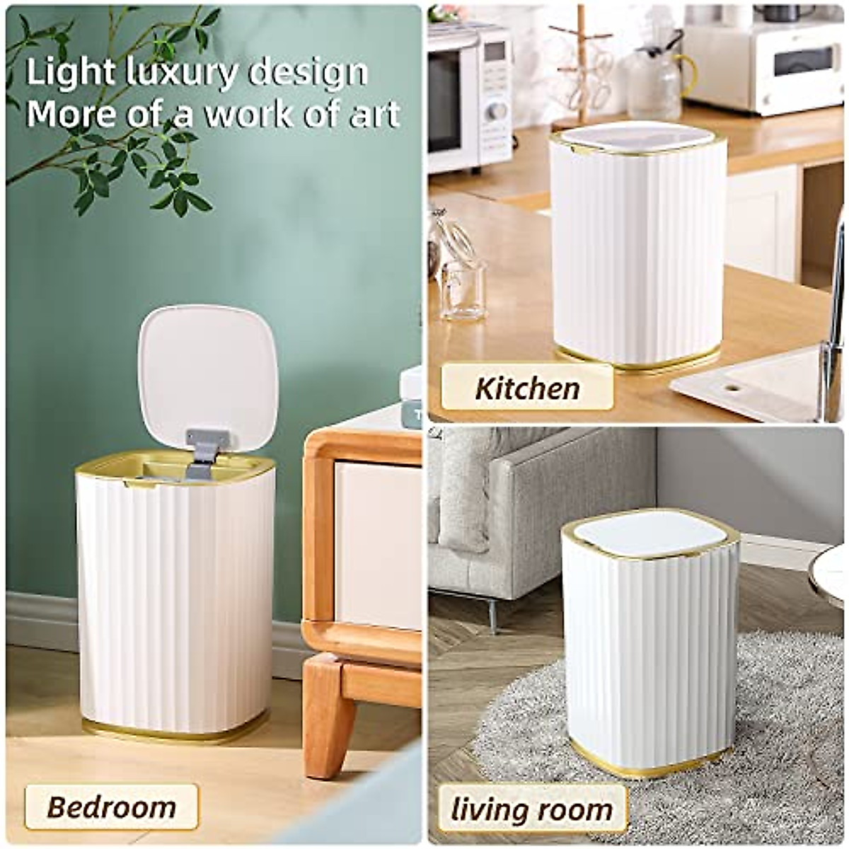 MOPALL 3.5 Gallon Automatic Trash Can,Waterproof Slim Touchless Bathroom Garbage Can with a Lid(White with Gold Trim)