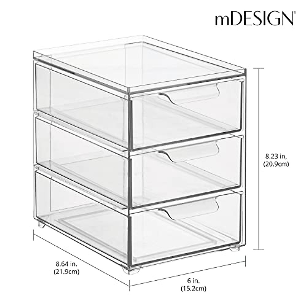 mDesign Plastic Stackable Organizer with 3 Drawers - Pull-Out Drawer Storage Bin for Bathroom Sink/Cabinet Organization - Perfect for Makeup, Small Towels, and More - Lumiere Collection, Clear