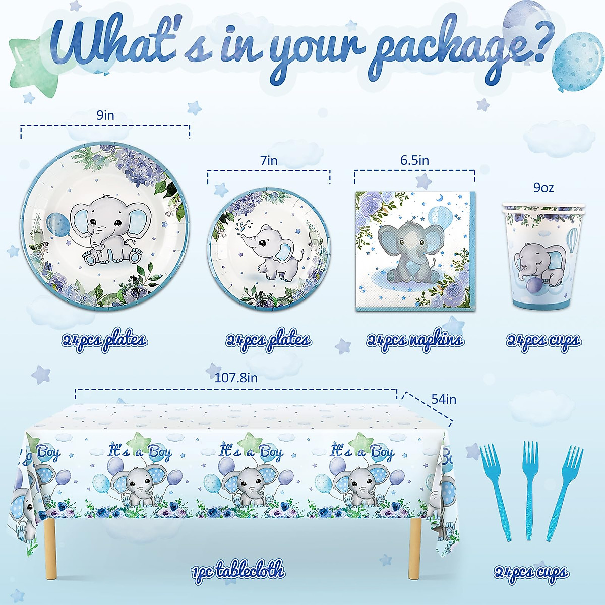 121Pcs Elephant Baby Shower Decorations Baby Shower Decorations Boy Includes Paper Plate, Napkins, Cups, Forks, Tablecloth, Elephant Theme Party Supplies for 24 Guests