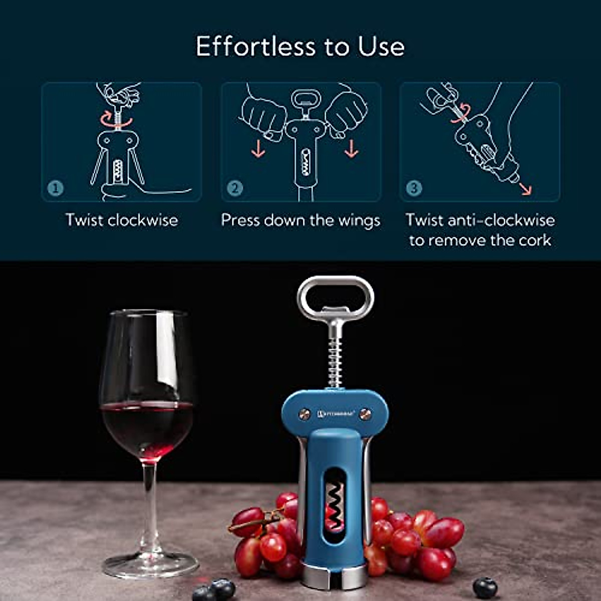 KITCHENDAO 3 in 1 Wine Bottle Opener, Wing Corkscrew with Foil Cutter, Built-in Beer Bottle Opener, Multifunctional Wine Opener with Non-Stick Sharp Screw,Easy to Use, Sturdy Durable Manual Corkscrew