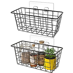 MaraFansie Hanging Kitchen Baskets Wire Storage Basket Adhesive Basket Over the Cabinet Door Organizer No Drilling, for Cabinet Pantry Organization and Kitchen, Bathroom, Storage, 2 Pack, Black