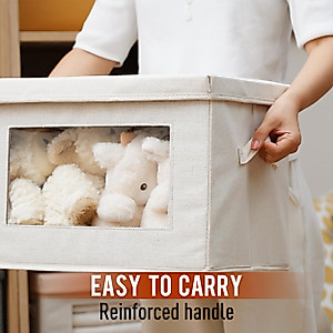 Citylife 3 Pack Storage Bins with Lids, Fabric Foldable Storage Bins with Soft Cord Handles, Canvas Storage Bin with Lid for Organizing Clothes, Blankets and Books, Beige