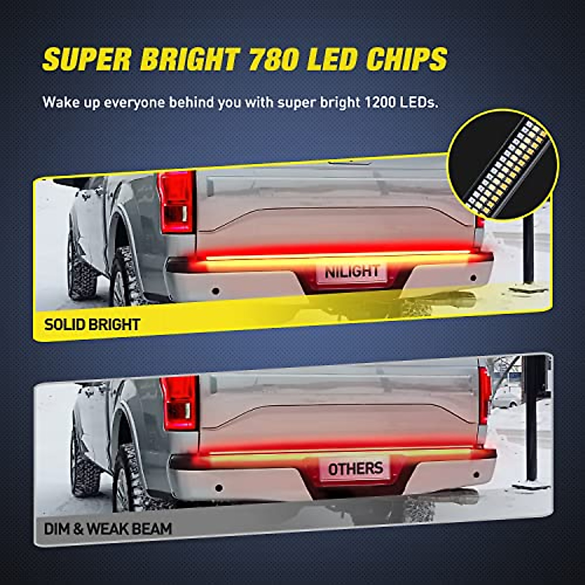 Nilight Truck Tailgate Light Strip 48" Aluminum Frame Triple Row 780 LED Strip with Red Running Brake Lights White Reverse Amber Sequential Turn Signals Strobe Lights，2 Years Warranty