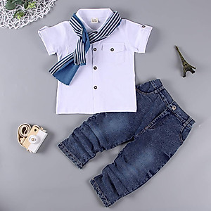 Ritatte Toddler Baby Boys Denim Outfits Short Sleeve Shirts+ Jeans Pants + Scarf 3Pcs Set Kids Casual Summer Clothes 1-6Y(White, 4-5T)