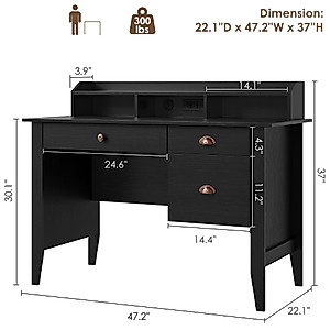 TTVIEW Computer Desk with Storage Drawers & USB Charging Port, Home Office Executive Desk with Hutch Shelf and File Drawer, Writing Study Table with 47" Wide Tabletop for Small Spaces, Black