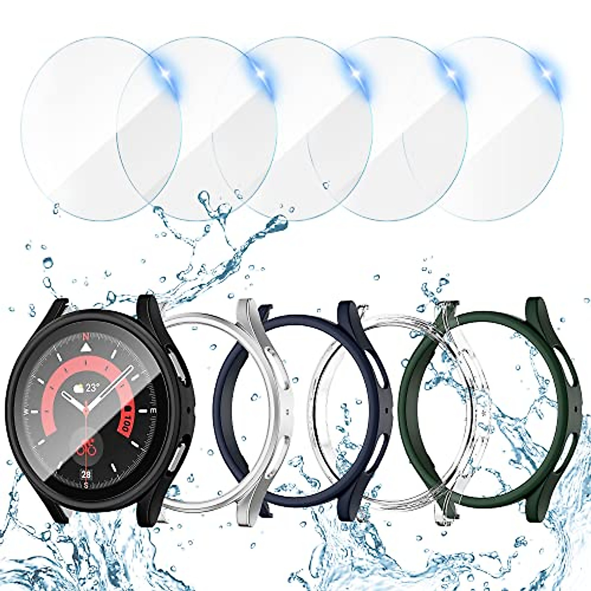 [5+5Pack] Samsung Galaxy Watch 5 2022 & Watch 4 2021 Screen Protector and Case 44mm, Kakufunny Anti-Fog Face Cover Tempered Glass Film & Hard PC Protective Bumper for Galaxy Watch 44 mm, Accessories