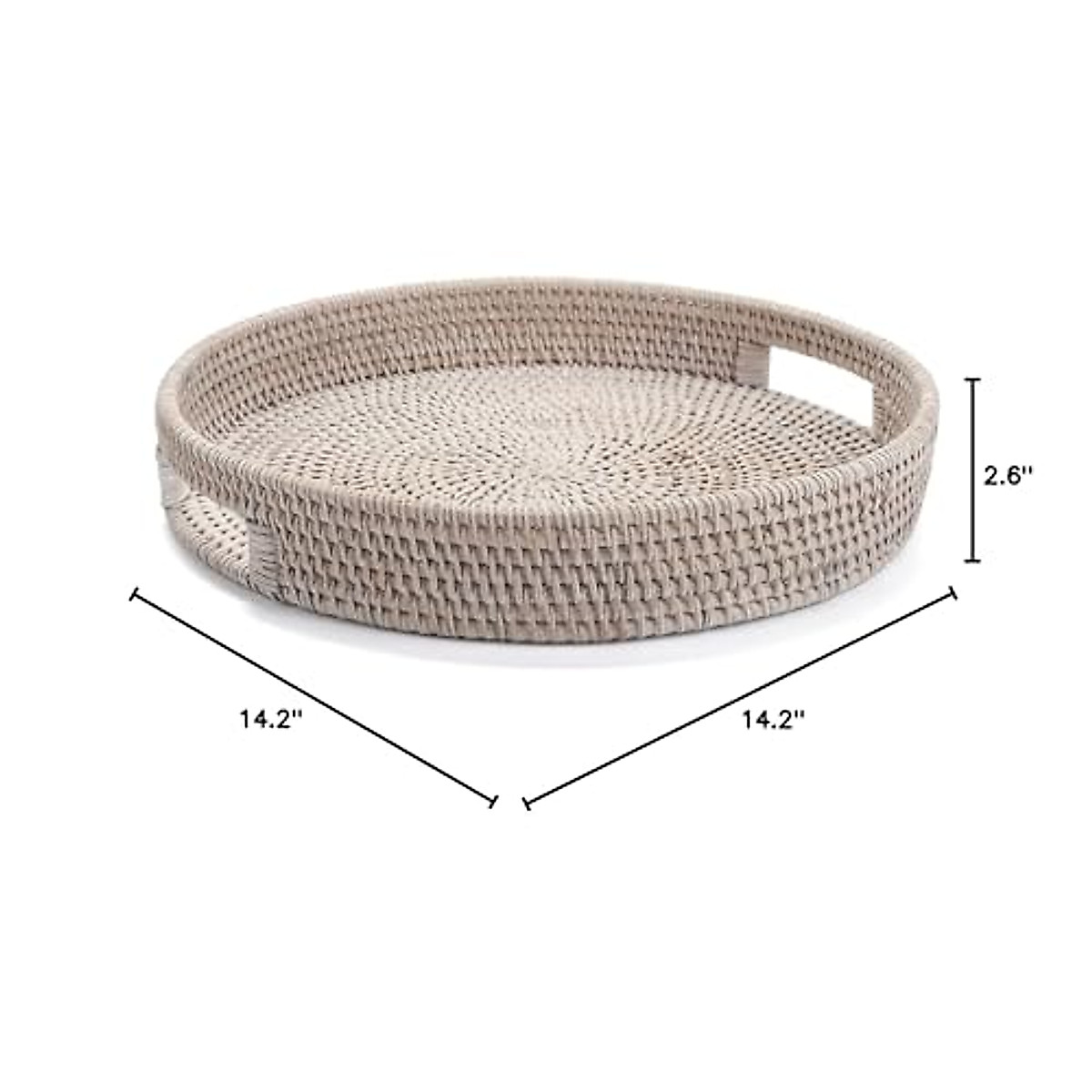 13.8 inch Round Rattan Tray, Decorative Coffee Table Tray, Ottoman Tray, Woven Serving Tray with Handles, Wicker Serving Basket, Whitewash