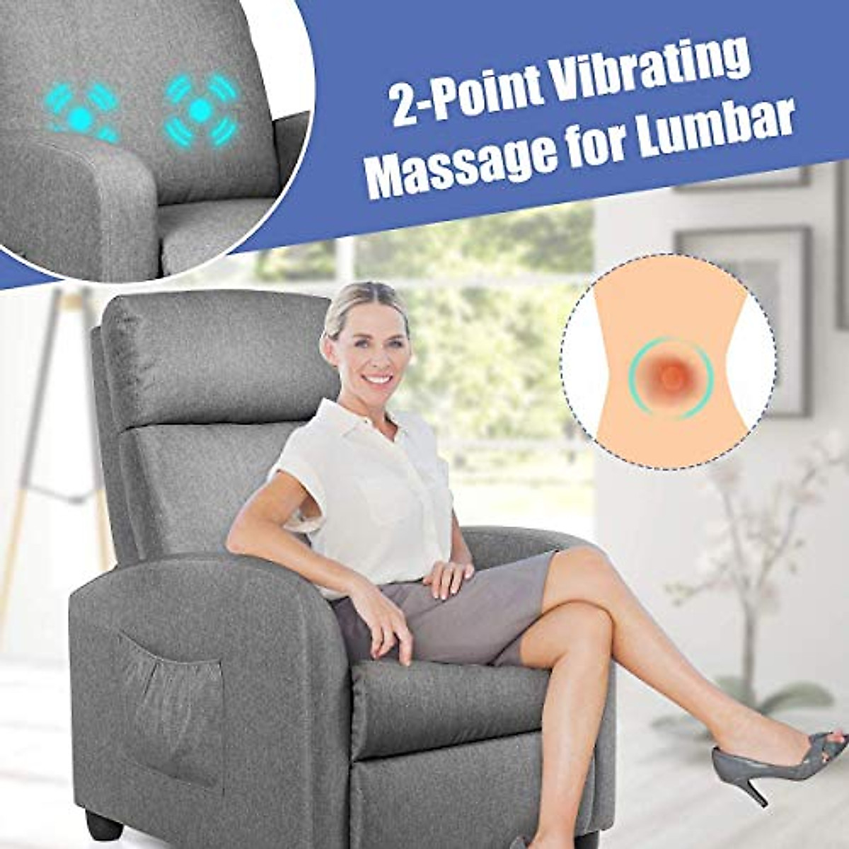 Moccha Massage Recliner Chair, Ergonomic Adjustable Single Sofa with Padded Seat, Backrest, Footrest, Reclining Sofa with Remote Control, Modern Massage Recliner for Living Room, Home, Office (Gray)