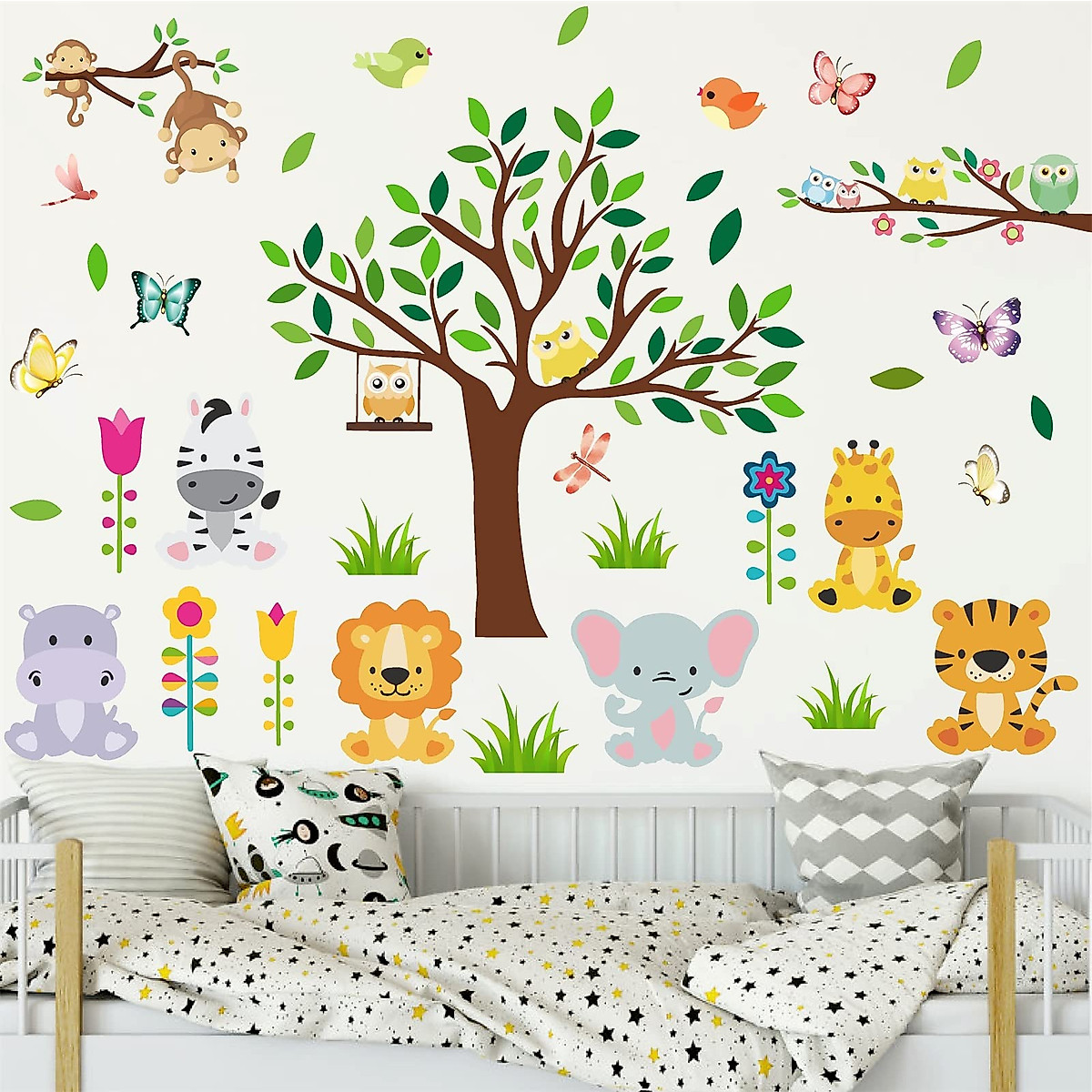 Cartoon Animal Wall Stickers Forest Tree Animal Wall Stickers Jungle Animal Wall Decals Woodland Animal Wall Decals Cute Zoo Animal Wall Stickers for Kids Room Playroom Nursery Decor