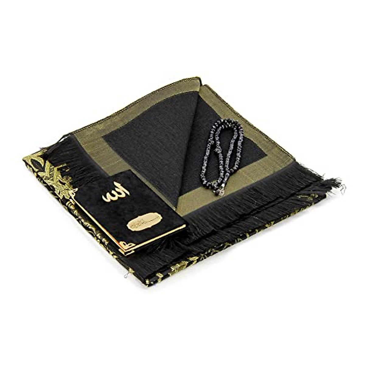 ihvan online Taffeta Fabric Muslim Prayer Rug & Velvet Covered Yaseen Surah Pocket-Size Book & Prayer Beads Set with Special Transparent Boxed, Perfect Islamic Ramadan Eid Gifts, Black