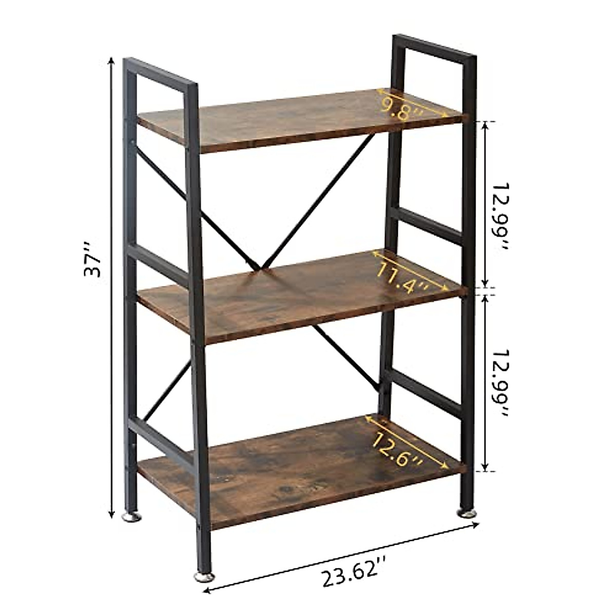 TooCust 3 Tier Bookshelf, 37" x 23" x 12.6", 3 Tier Bookcase, Small Bookshelf, Short Bookshelf, 3 Shelf Bookshelf, Vintage Standing Metal Frame Book Shelves, Rustic Brown