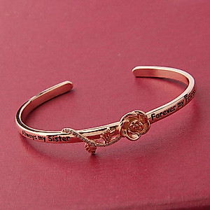 Best Friend Bracelet Sister Gift Always My Sister Forever My Friend Cuff Bracelet with Rose Flower Gift for Sisters Friendship Jewelry (Gold)