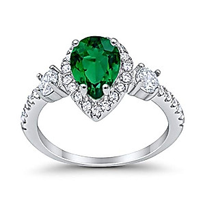 Blue Apple Co. 3-Stone Halo Teardrop Fashion Bridal Ring Pear Simulated Emerald Round Cubic Zirconia 925 Sterling silver Sterling Silver, Size-10