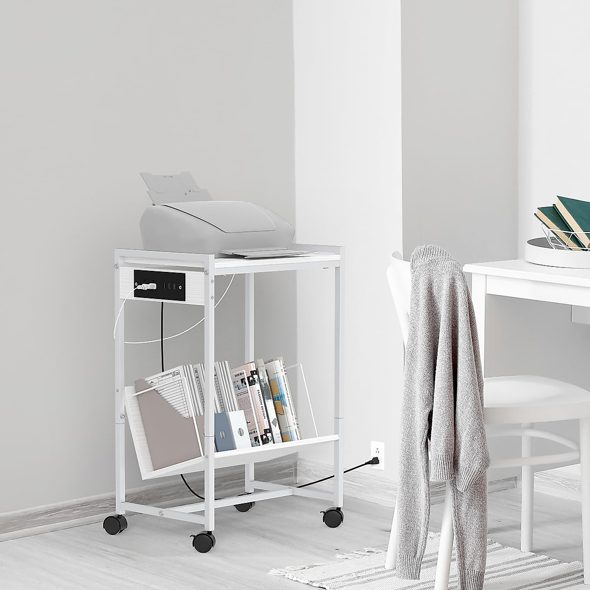 CADUKE White Record Player Stand with Vinyl Storage Turntable Stand with Record Storage 2 Tier Modern Vinyl Record Table Stand End Table with Charging Station for Living Room Bedroom