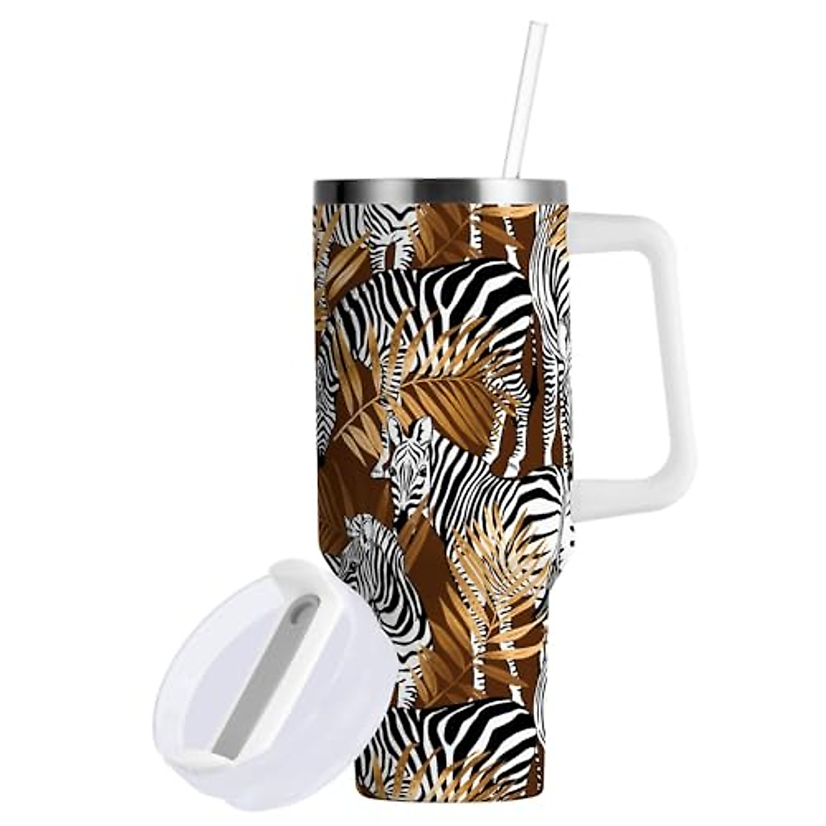 Zebra Palm Leaves Insulated Stainless Steel Water Bottle with Handle and Straw Lid Double Walled Travel Mug 40 oz