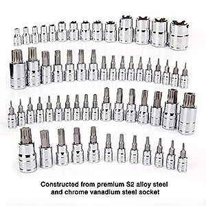 CASOMAN Master Torx Bit Socket and External Torx Socket Set, 60-Piece Set, S2 and Cr-V Steel，E4-E24, T6-T70,TT6-TT70,TP8-TP60
