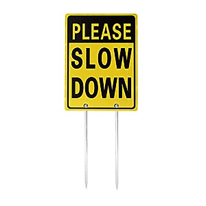 Kichwit Double Sided Aluminum Please Slow Down Sign Reflective Metal Sign with Stakes, Sign Measures 11.8" x 15.8", 14" Long Metal Stakes Included