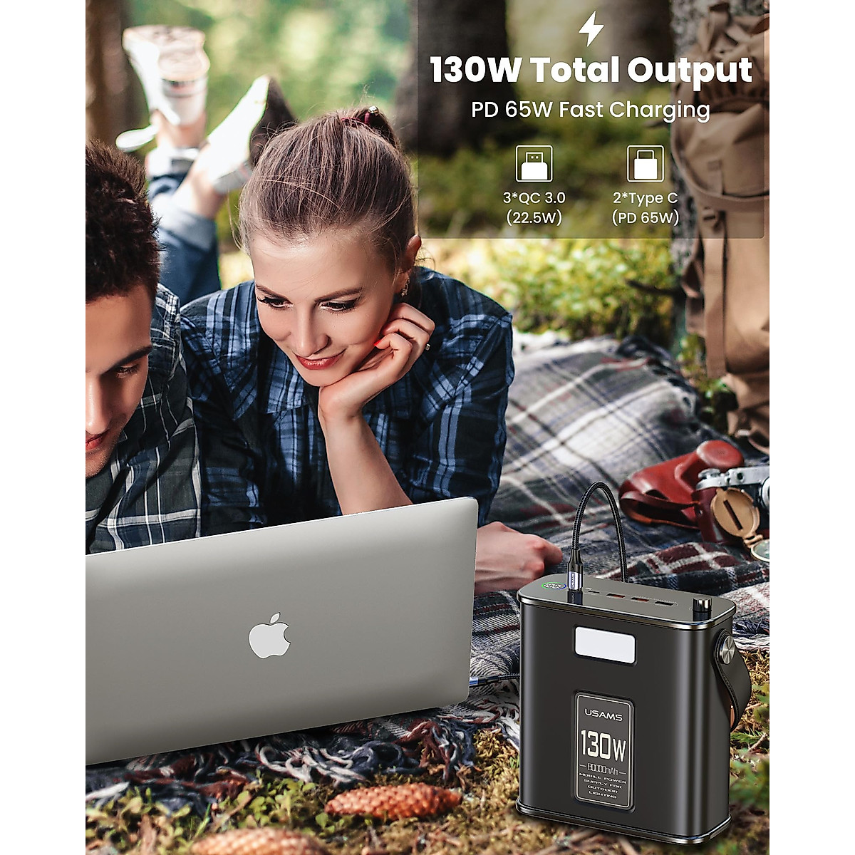 Pluggify Portable Power Station 80000mAh Power Bank 130W Battery Backup 296Wh Generators USB-C Port Laptop Charger LED Flashlight Power Supply with 6.6FT Cable for Camping Fishing RV Emergency