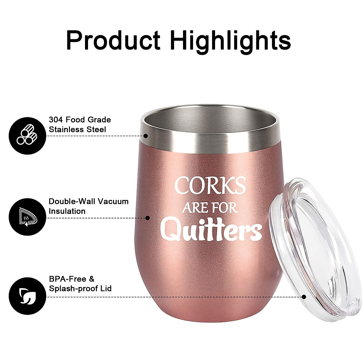 Corks Are For Quitters Stainless Steel Wine Tumbler for Women, Unique Birthday Christmas Gifts for Women Quitters Her Wine Lovers, Stemless Insulated Wine Tumbler with Lid(12oz, Rose Gold)