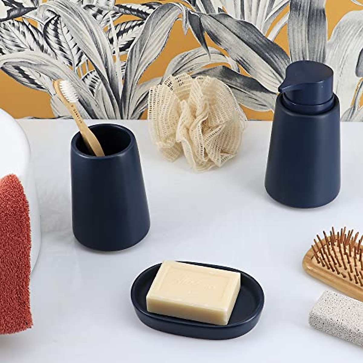 Navy Blue Bathroom Accessory Set - 4 Pieces - Sleek & Practical - Overcome Bathroom Issues with Our Smooth Collection for Organized, Sophisticated & Convenient Decor