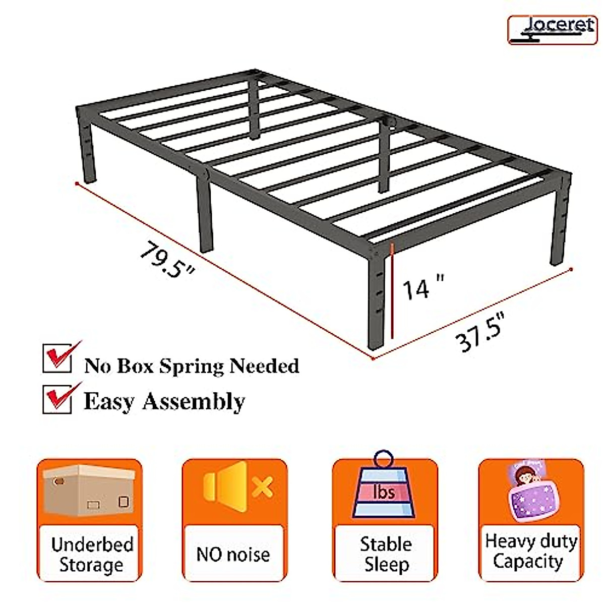 Joceret Twin XL 14 Inch Metal Bed Frame with Sturdy, Heavy Duty,Stable Structure,Easy Assembly,Bedroom,Guest Room,No Box Spring Needed, Iron,Child,Black