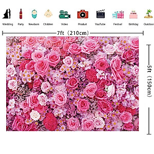 Pink Flower Wall Backdrop Rose Floral Photography Background for Girls Bridal Shower Wedding Party Banner Decorations Women Birthday Party Supplies Photo Props (7x5FT)
