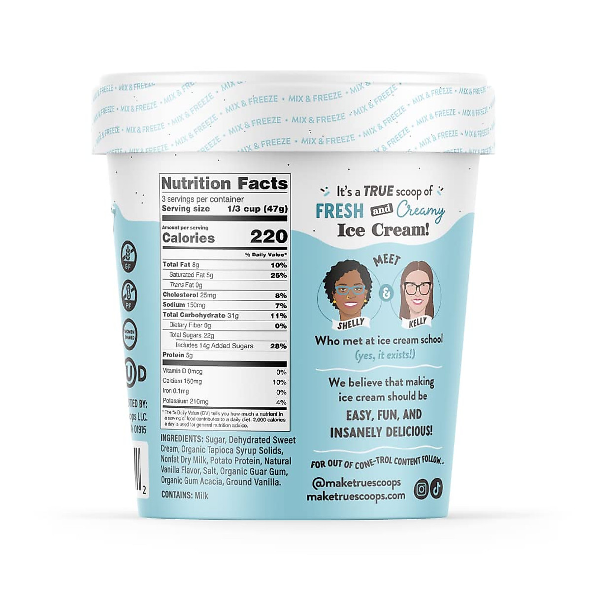 True Scoops 6-Pack Vanilla Bean Ice Cream Mix. Add One Ingredient - Half & Half! Makes 1 Pint of Premium, Homemade Ice Cream With An Electric Mixer. Made With Real Vanilla Beans. Gluten-Free, Peanut-Free, and Kosher. (141g ea)