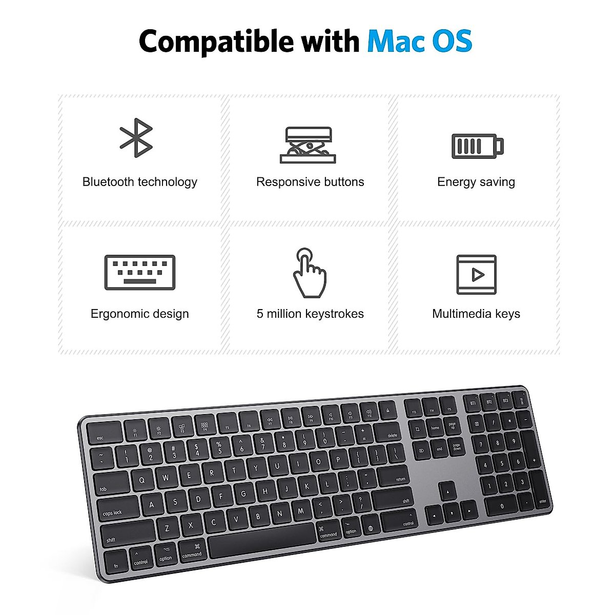 OMOTON Bluetooth Keyboard Compatible with Mac, with Numeric Keypad, Rechargeable Wireless Keyboard Compatible with MacBook Pro/Air, iMac, Mac Mini/Pro Laptop and PC
