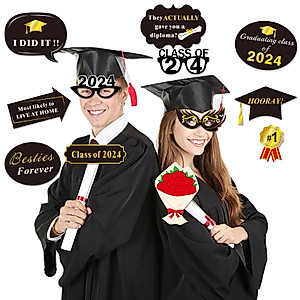 Graduation Photo Booth Props (50Count), Konsait Large Graduation Photo Props Class of 2024 Grad Decor with Sticks for Kids Boy Girl, Black and Gold, for Graduation Party Favors Supplies Decorations