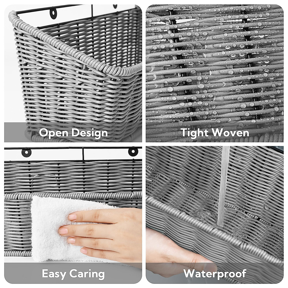 GRANNY SAYS Wicker Hanging Basket, 2 Pack Storage Baskets for Cabinet, Wall Mount Fruit Basket for Kitchen, Adhesive Bathroom Cabinet Organizer, Pantry Organizers and Storage, Gray