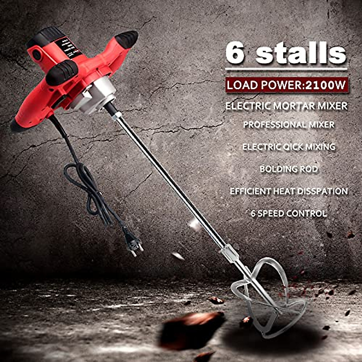 ANBULL 2100W Handheld Electric Concrete Mixer, Portable Cement Mixer Mortar Plaster Paint Fodder Stirring Tool, Adjustable 6 Speed 110V