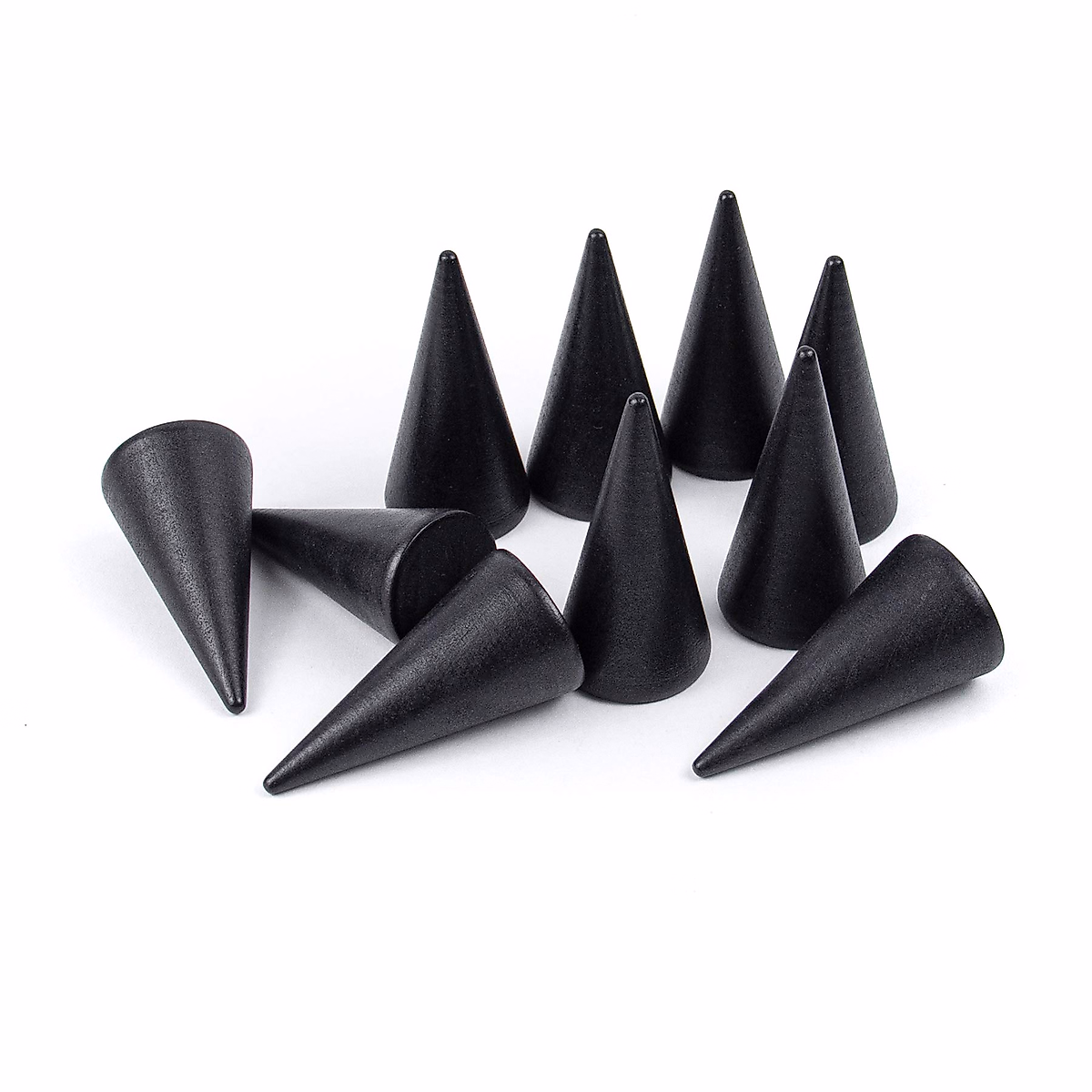 AUEAR, 10 Pack Wood Cone Ring Holder Finger Jewelry Display Stand DIY Craft Wooden (Black, Vertical Shaped)