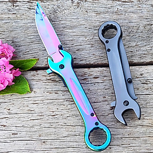 MADSMAUG Pocket Knife, Unique Utility Pocket Folding Knife with 14mm and 19mm wrenchs, Titanium plated Great Gift EDC Knife For Daily Work Outdoor Camping (Rainbow)