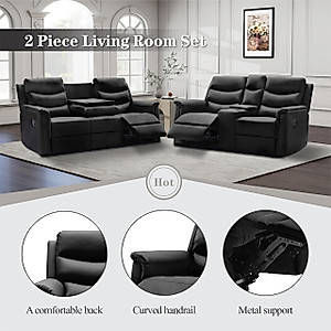 Sofa PU Leather Recliner Loveseat with Console Slate, Cup Holder, Double Recliner 2-Seater for Living Room Theater Seating Rv Furniture, (Black)…