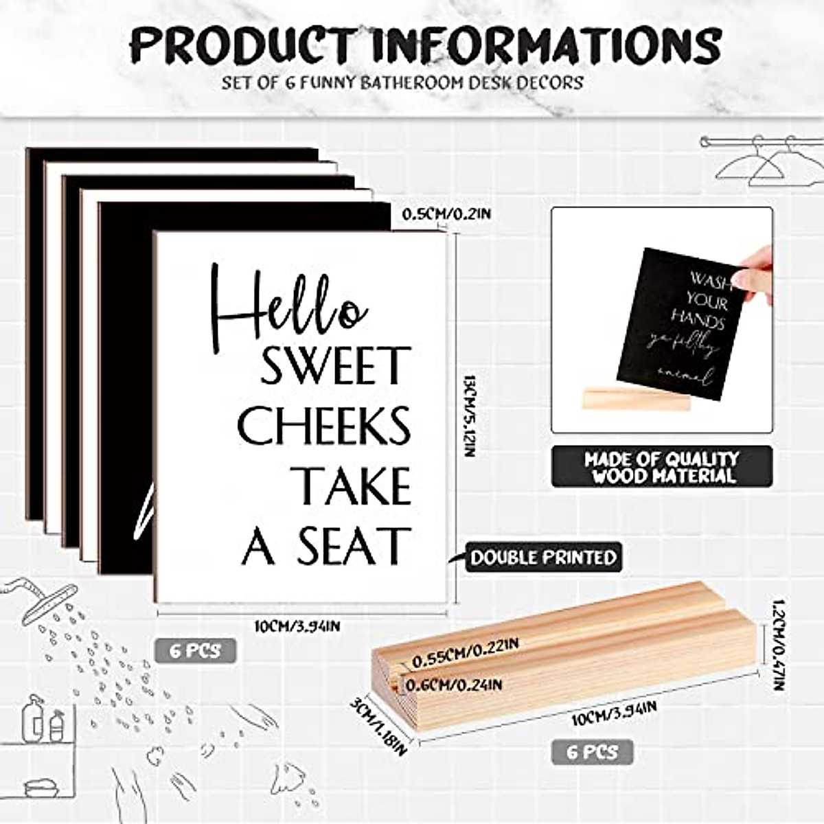 6 Pieces Funny Bathroom Signs Wooden Humor Sayings Restroom Decor Mini Bathroom Signs Decor with Base Stand Rustic Bathroom Farmhouse Decor for Home Shelf Bath Tiered Tray Table Housewarming Gifts