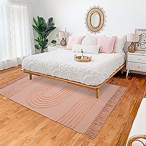 STARUIA Boho Pink Living Room Rug 5'x7' Washable Cotton Bedroom Rug, Woven Linear Tufted Nursery Area Rug with Tassels Accent Farmhouse Carpet for Teen Room Entryway Dorm