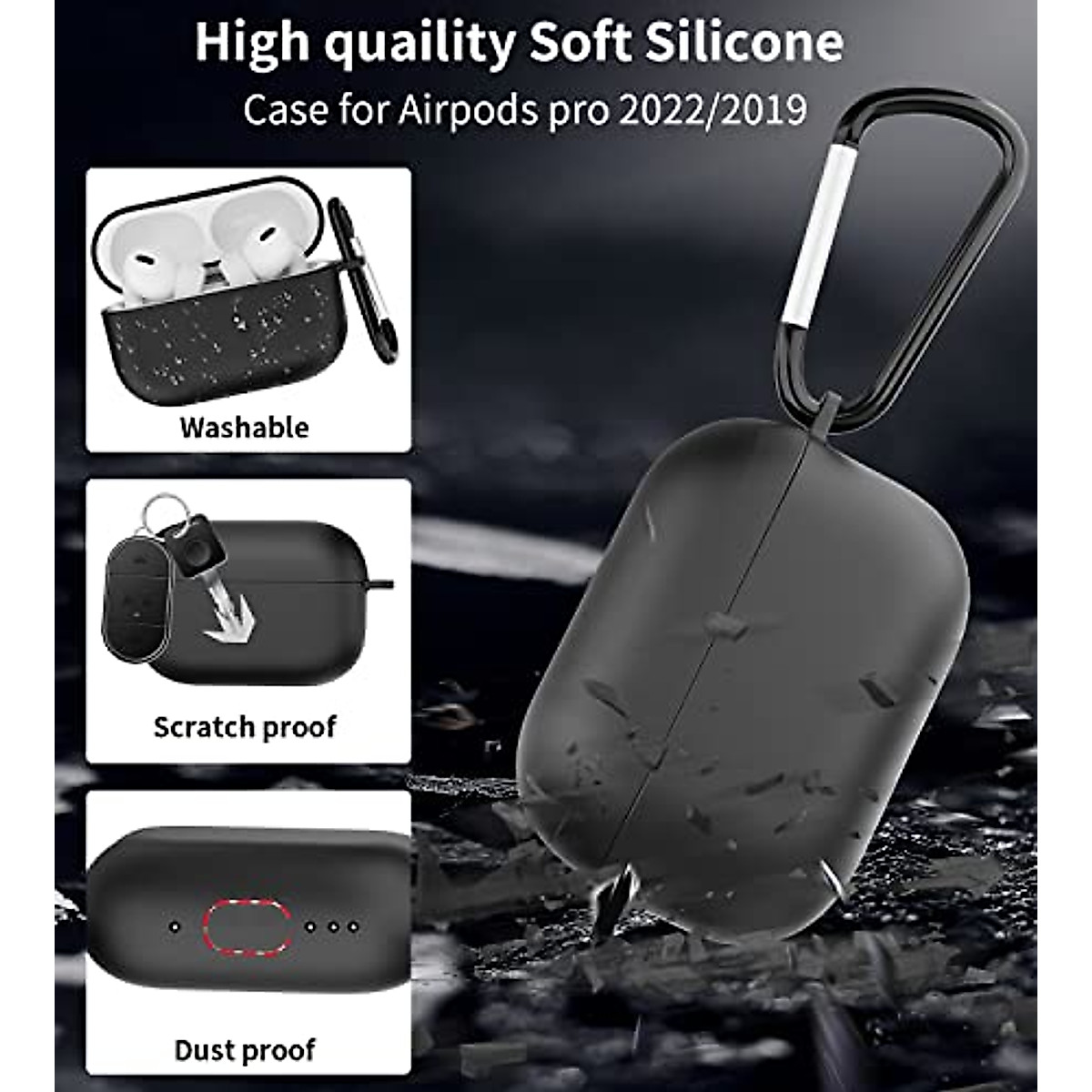 AKIKI [5 in 1] for Airpods Pro Case Cover 2022/2019 with Cleaner kit&Replacement Eartips(XS/S/M/L), Soft Silicone Protective Cover with Keychain and Magnetic Anti-Lost Straps (Black)