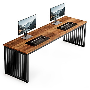 LITTLE TREE Two Person Desk, 78.74" Extra Long Computer Desk for 2 People, Rustic Brown Wooden Double Study Desk with Black Heavy Duty Metal Legs, Large Business Workstation for Home Office