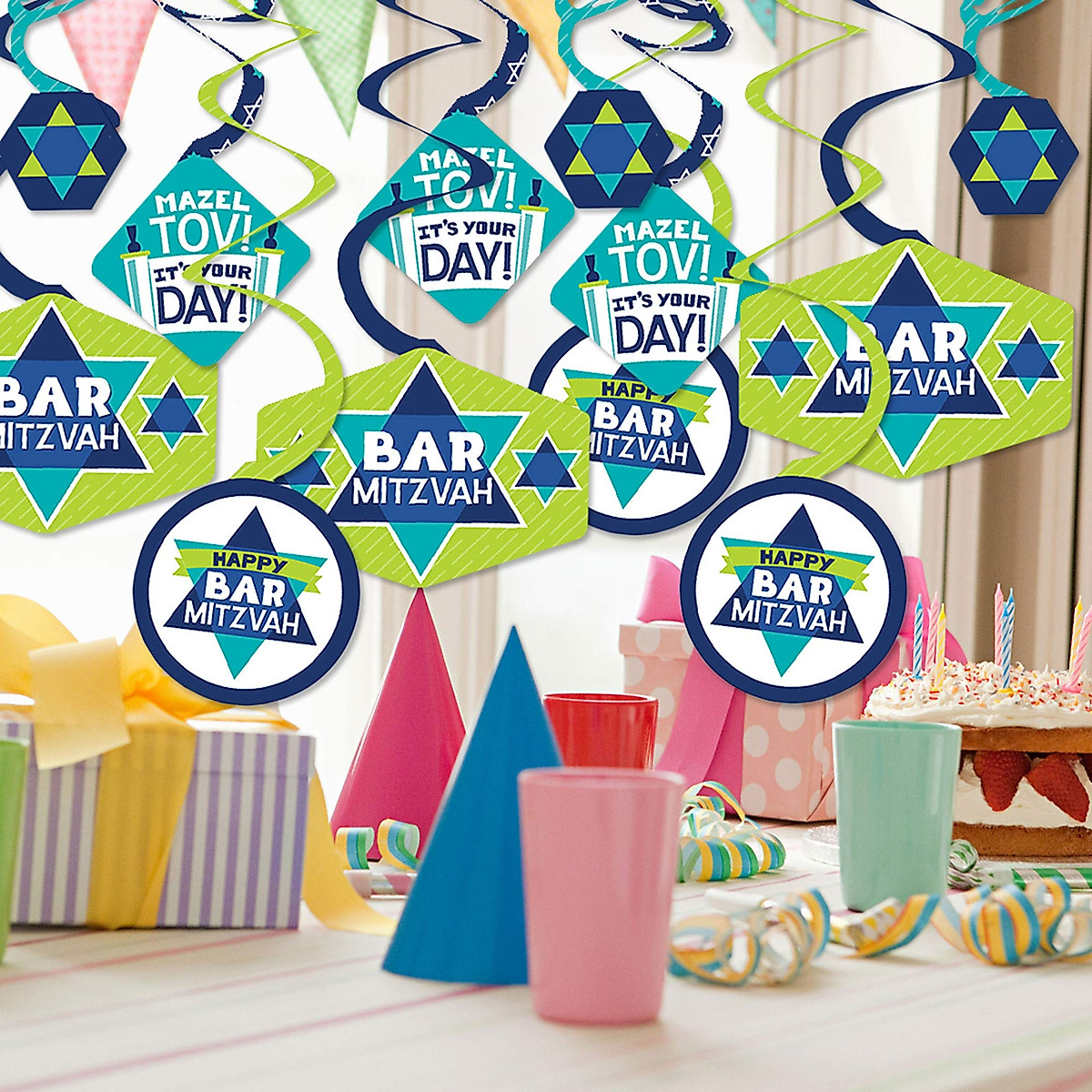 Big Dot of Happiness Blue Bar Mitzvah - Boy Party Hanging Decor - Party Decoration Swirls - Set of 40