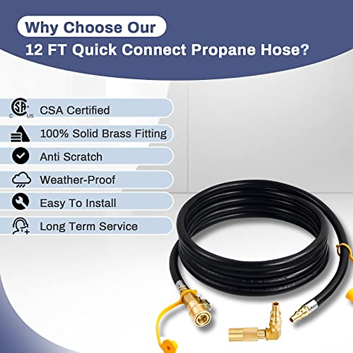 12FT Quick-Connect RV Propane Hose with 1/4" Safety Shutoff Valve and 1/4" Male Full Flow Plug, Low Pressure Quick Disconnect Propane Hose with Elbow Adapter for 17" and 22" Blackstone Griddles