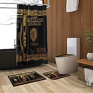 GUBIYU Black Gold 100 Dollar Bill Bathroom Sets with Money Shower Curtain and Bills Rugs,Money Shower Curtains with Hooks for Bathroom Decor,Cool Bathroom Set for Men Bathroom Accessories 4 Pieces